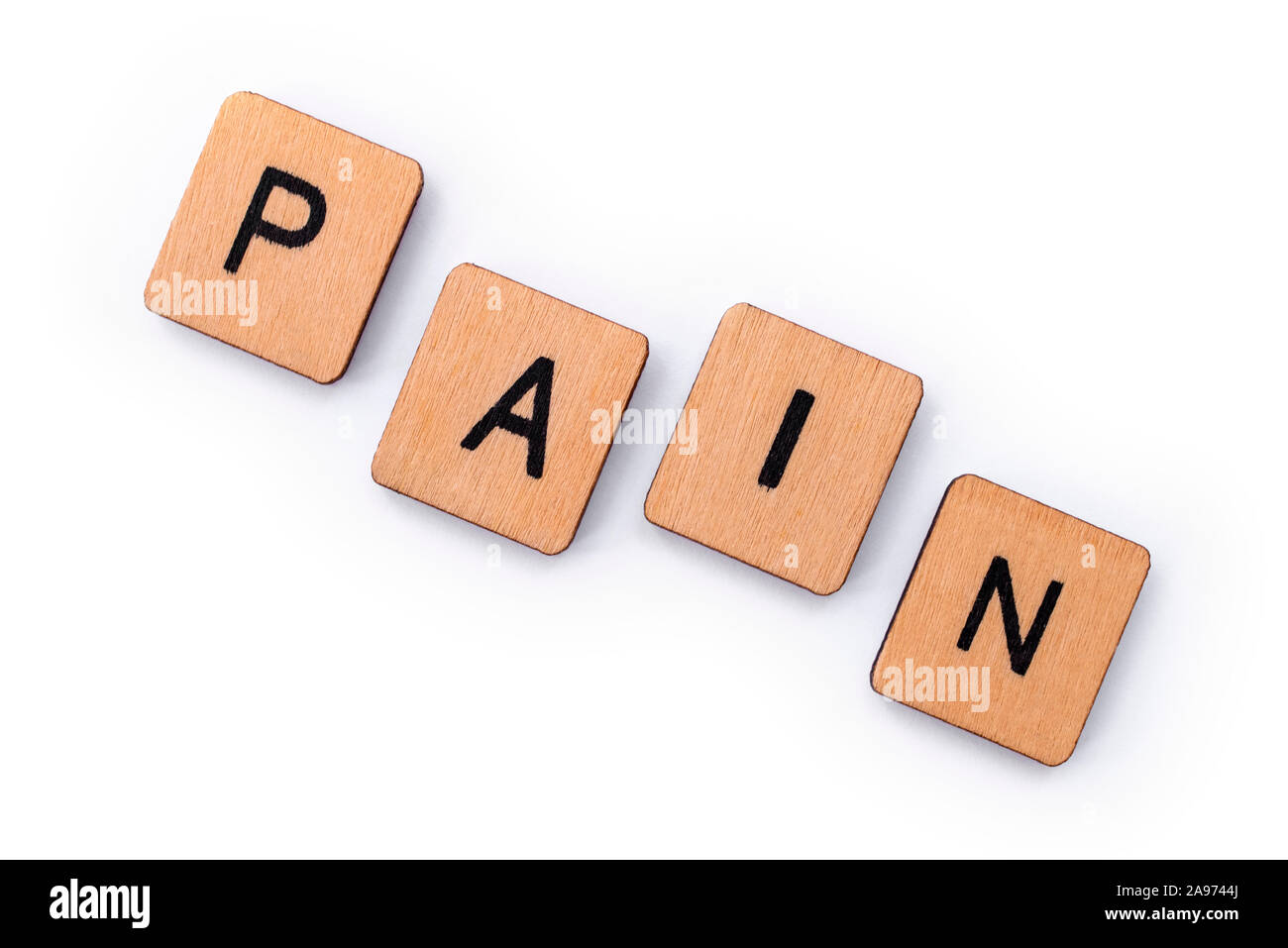 The word PAIN, spelt with wooden letter tiles, over a white background ...