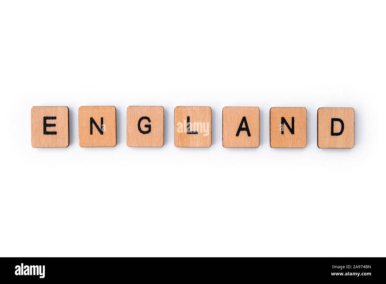 The word ENGLAND, spelt with wooden letter tiles, over a plain white ...