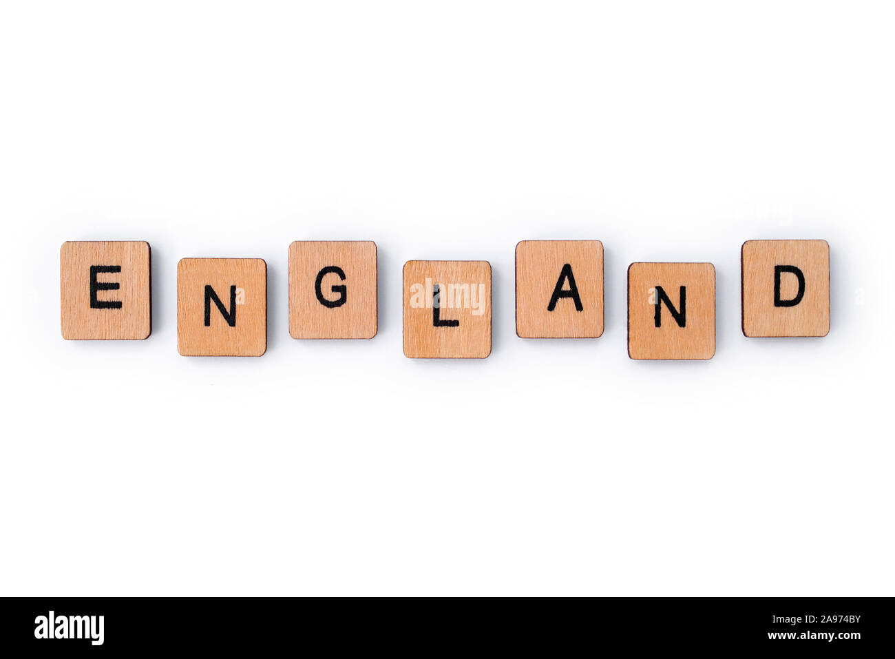 The word ENGLAND, spelt with wooden letter tiles, over a plain white ...