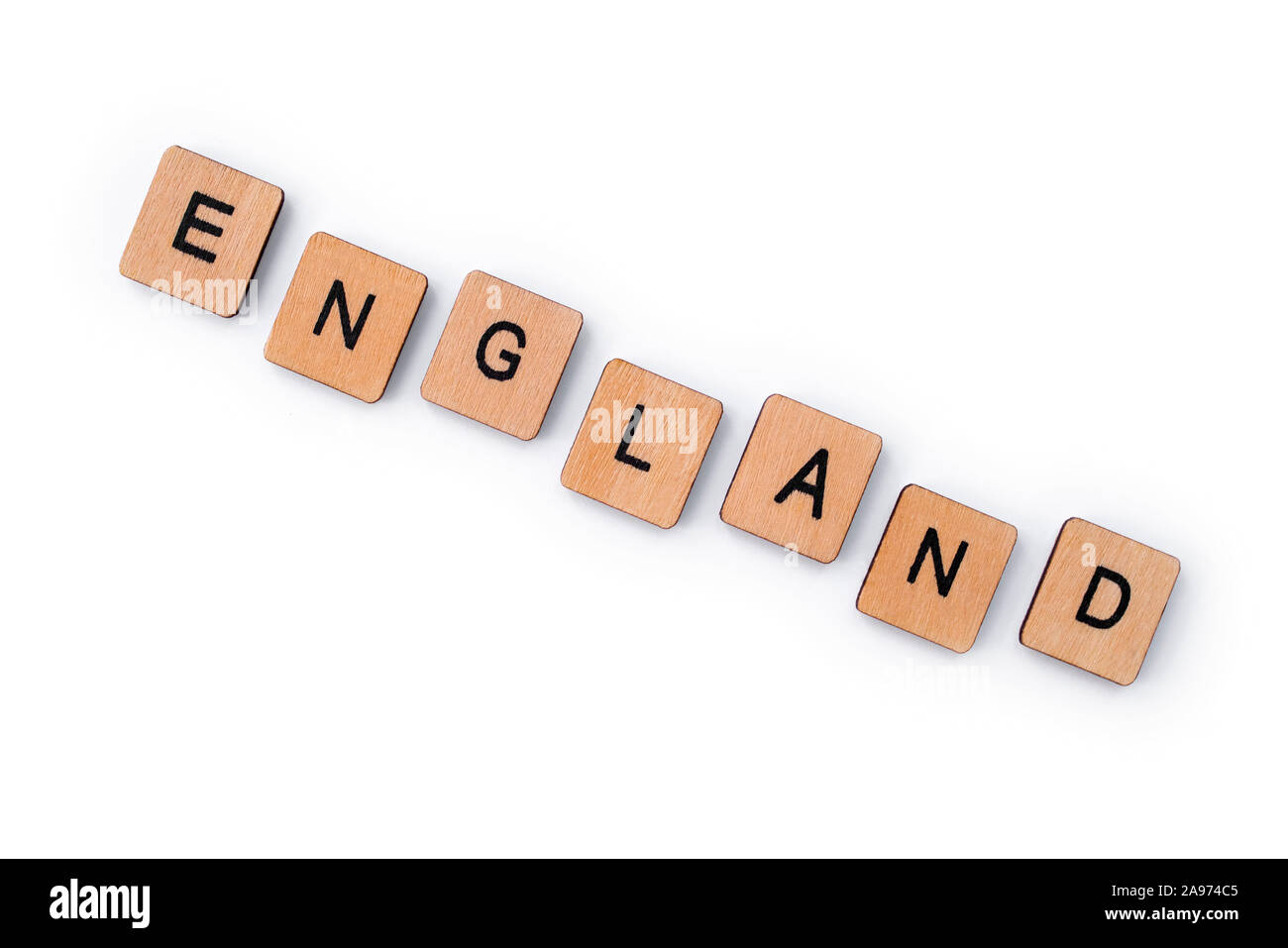The word ENGLAND, spelt with wooden letter tiles, over a plain white ...