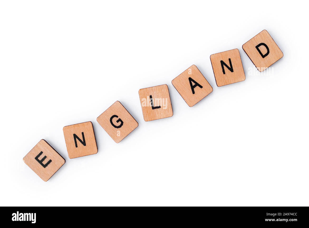 The word ENGLAND, spelt with wooden letter tiles, over a plain white ...