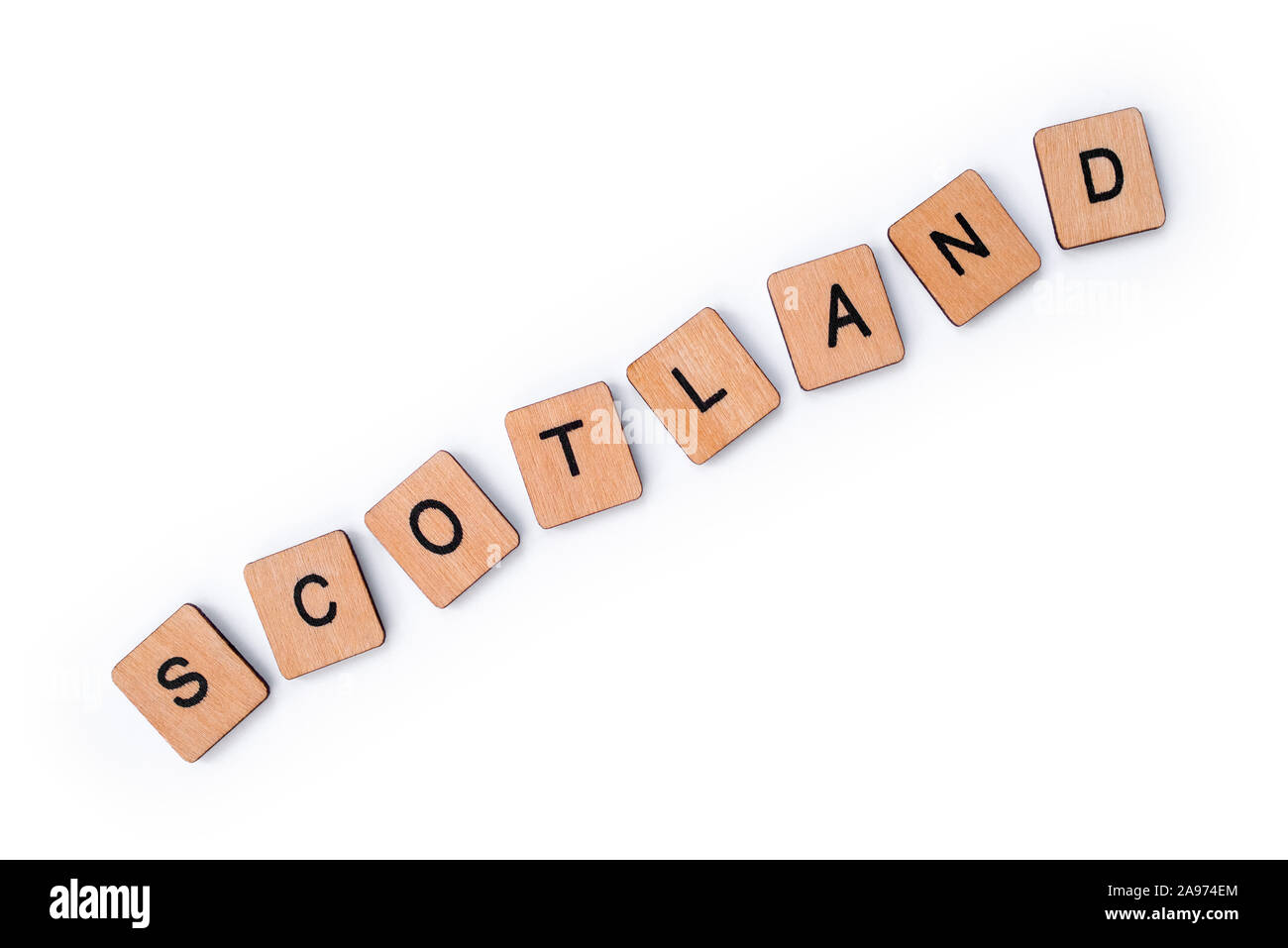 The word SCOTLAND, spelt with wooden letter tiles, over a plain white ...