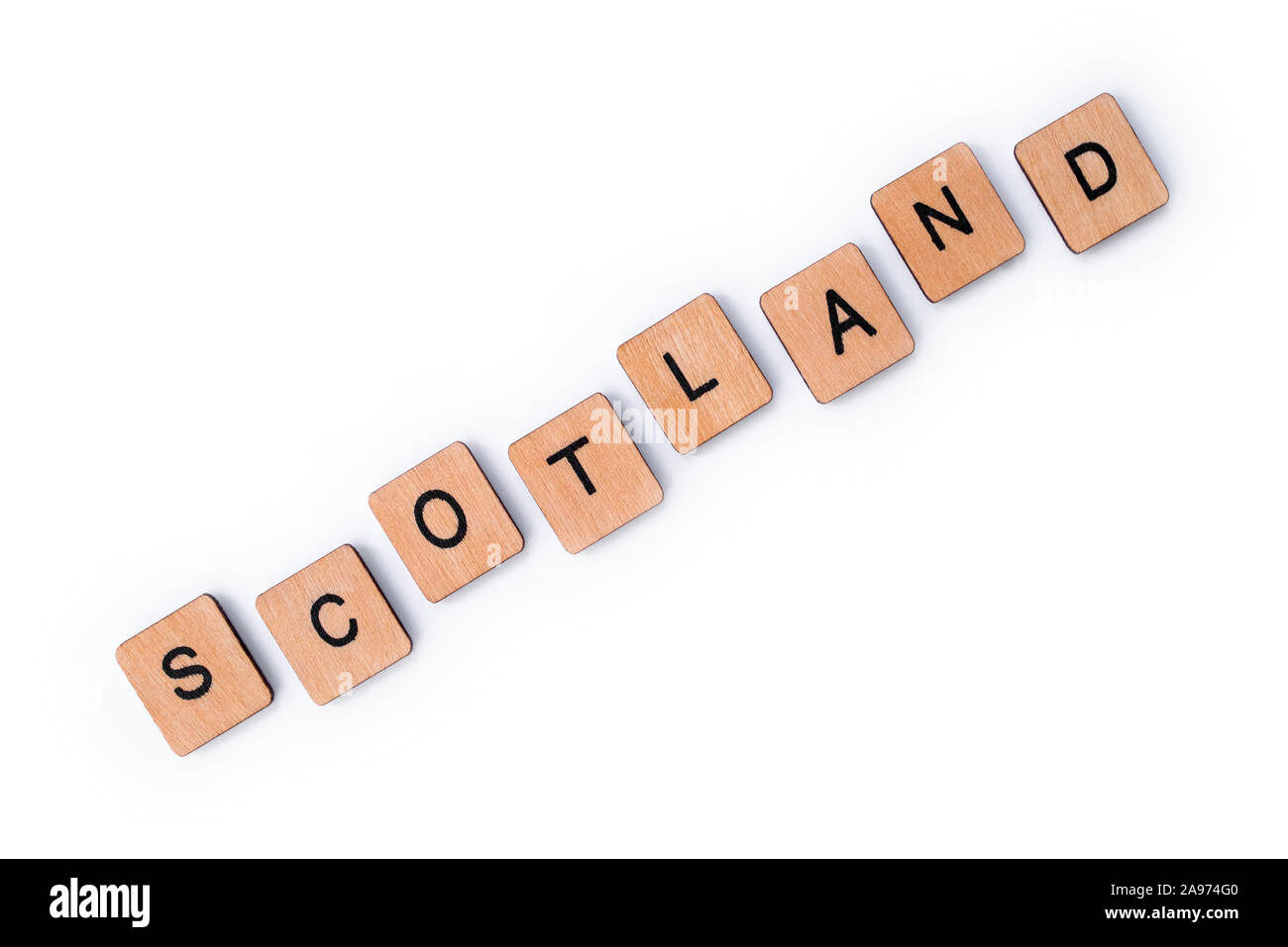 The word SCOTLAND, spelt with wooden letter tiles, over a plain white ...