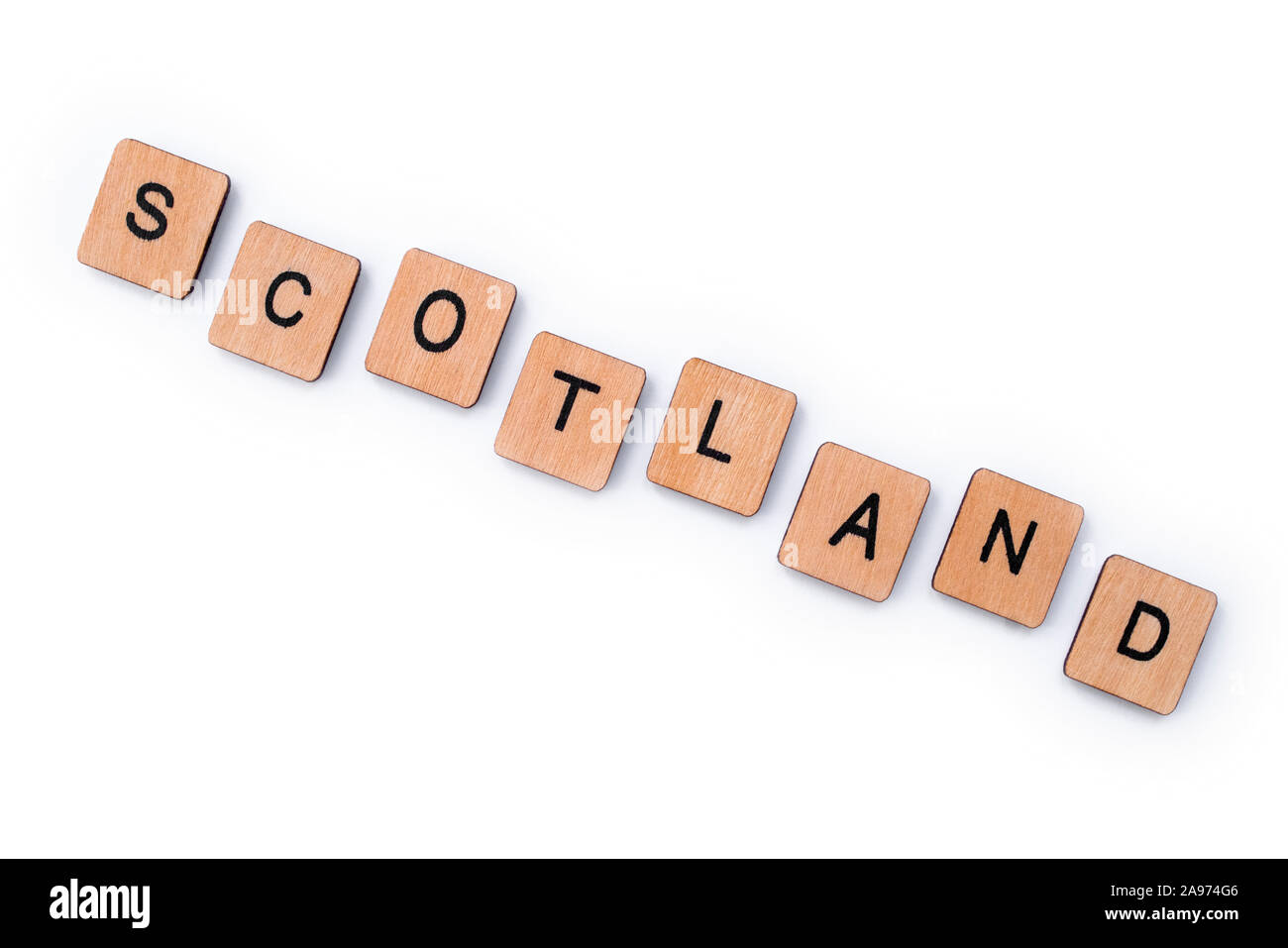 The word SCOTLAND, spelt with wooden letter tiles, over a plain white ...