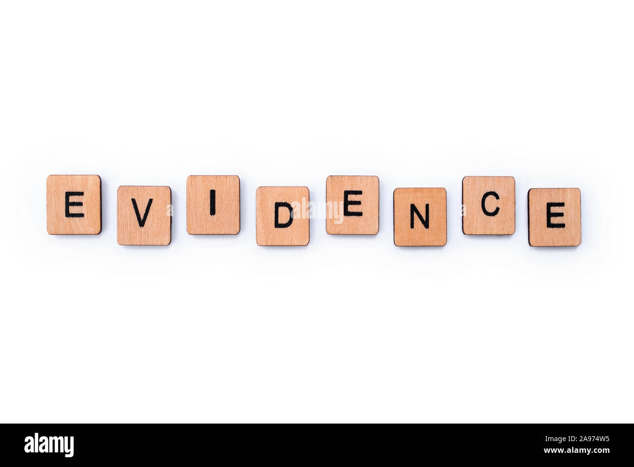 The word EVIDENCE, spelt with wooden letter tiles over a plain white ...