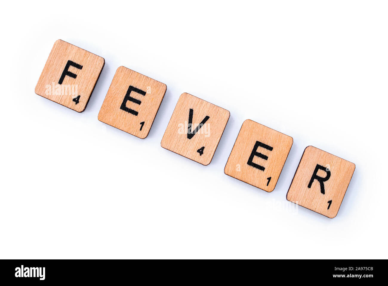 London, UK - July 8th 2019: The word FEVER, spelt with wooden letter ...