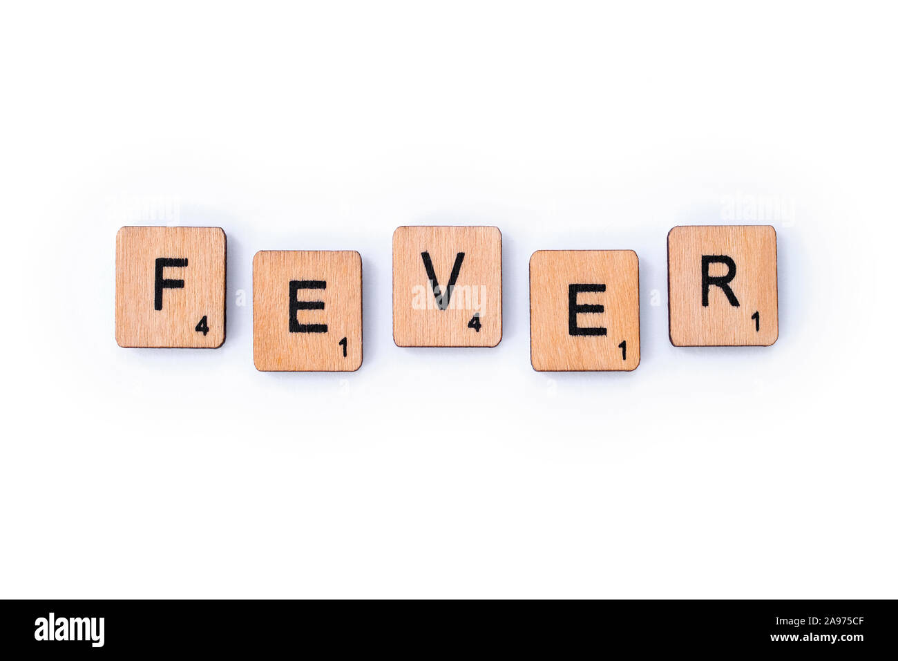 London, UK - July 8th 2019: The word FEVER, spelt with wooden letter ...