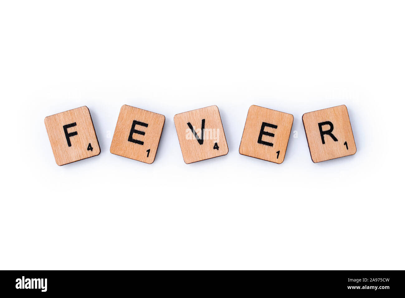 London, UK - July 8th 2019: The word FEVER, spelt with wooden letter ...