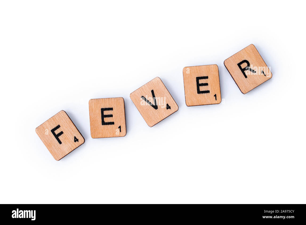 London, UK - July 8th 2019: The word FEVER, spelt with wooden letter ...