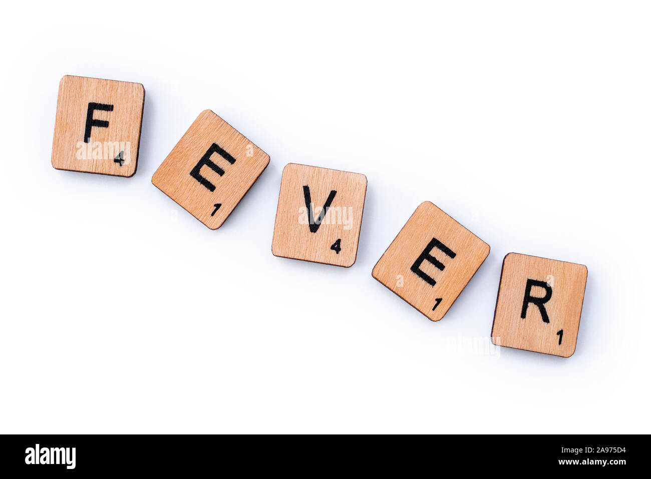 London, UK - July 8th 2019: The word FEVER, spelt with wooden letter ...
