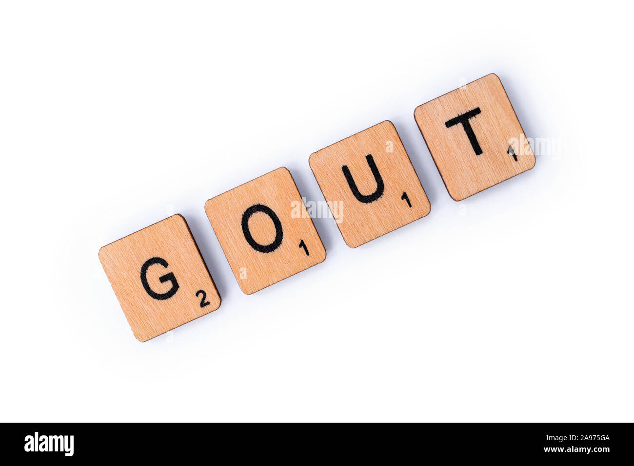 London, UK - July 8th 2019: The word GOUT, spelt with wooden letter ...