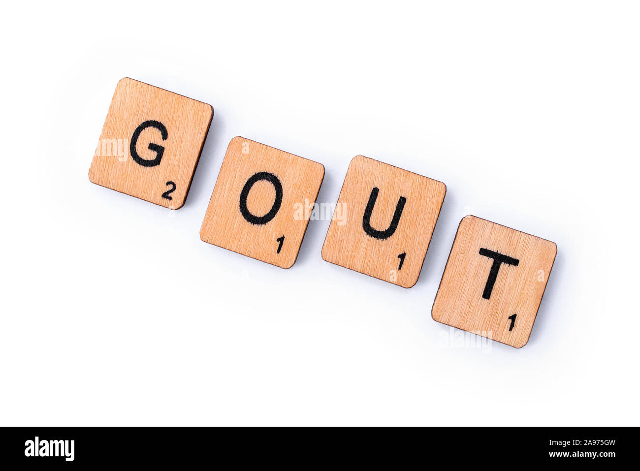 London, UK - July 8th 2019: The word GOUT, spelt with wooden letter ...