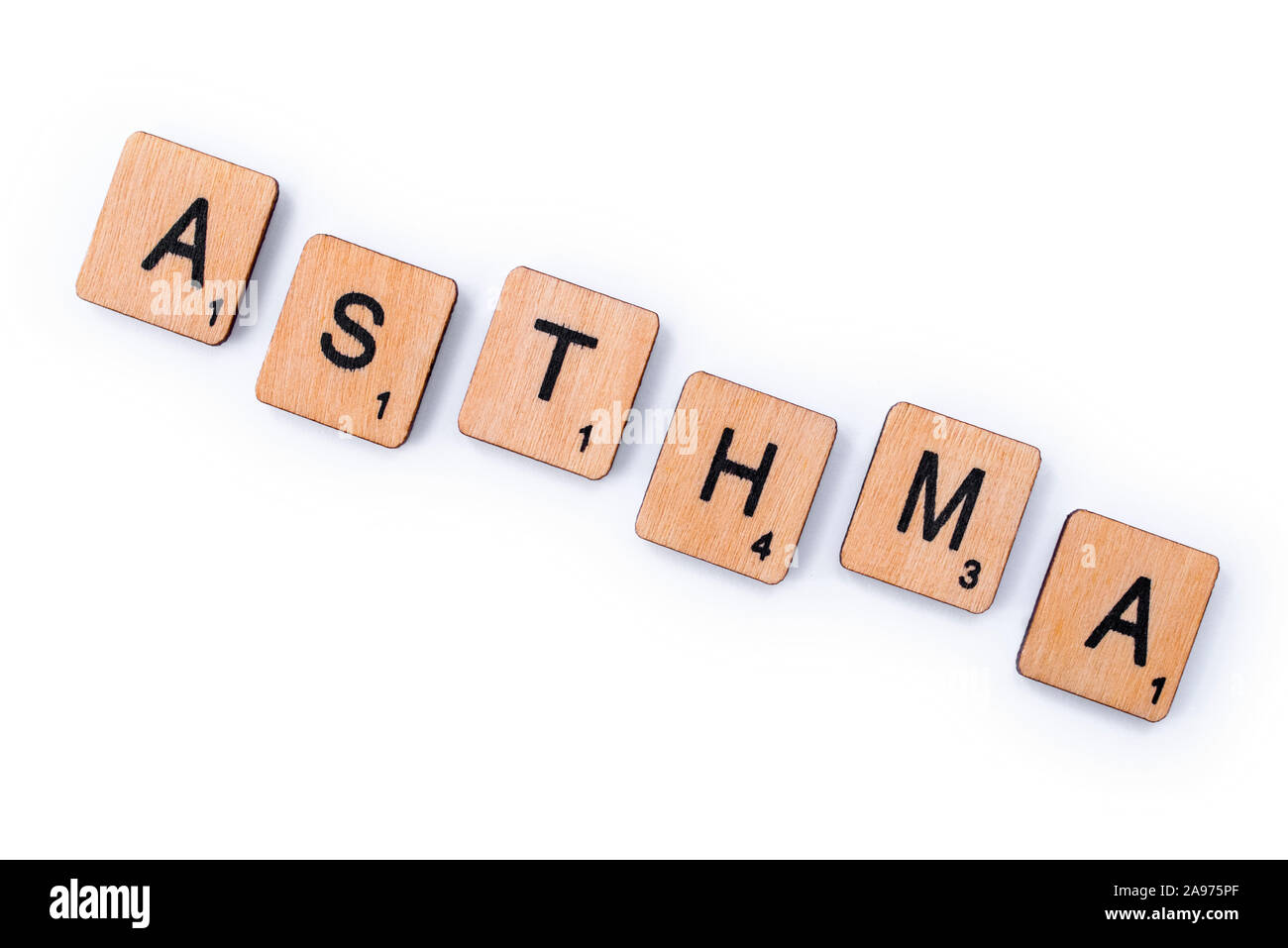 London, UK - July 8th 2019: The word ASTHMA, spelt with wooden letter ...