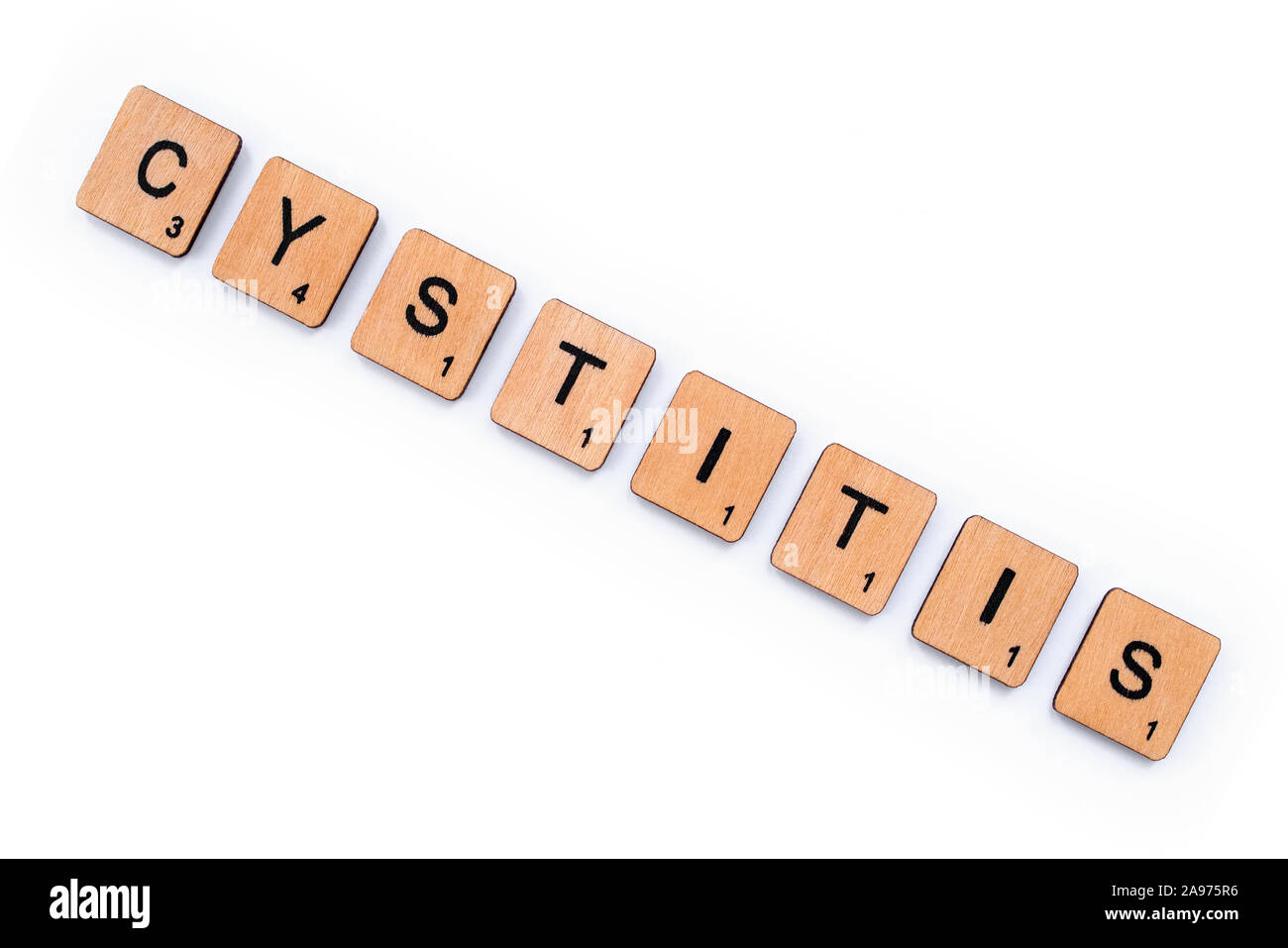 London, UK - July 8th 2019: The word CYSTITIS, spelt with wooden letter ...