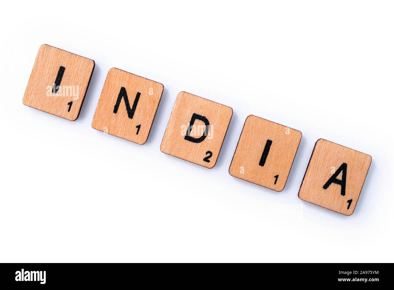 London, UK - July 8th 2019: The word INDIA, spelt with wooden letter ...