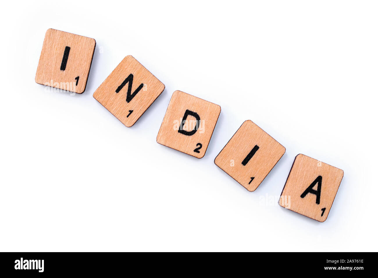 London, UK - July 8th 2019: The word INDIA, spelt with wooden letter ...