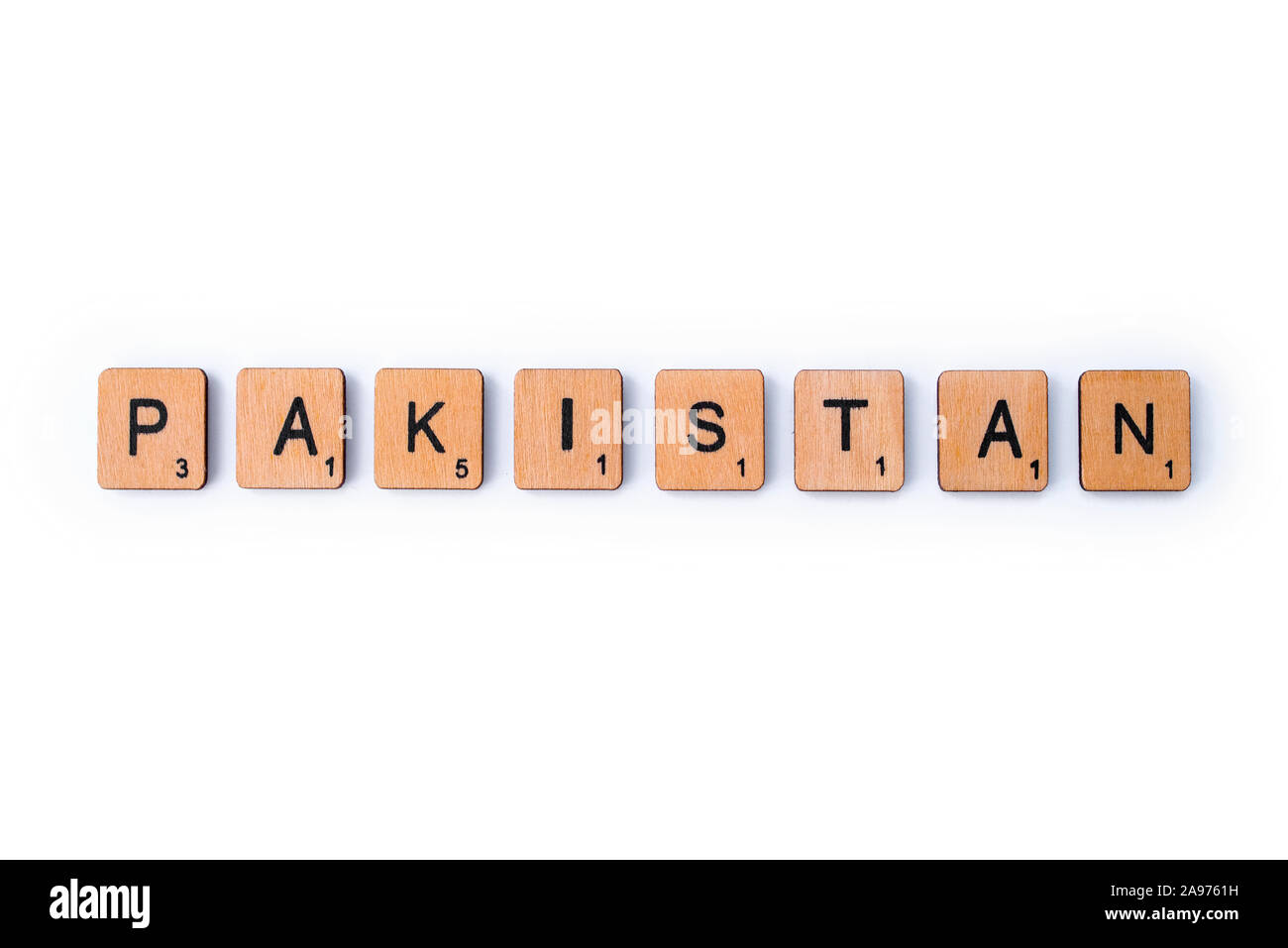 London, UK - July 8th 2019: The word PAKISTAN, spelt with wooden letter ...