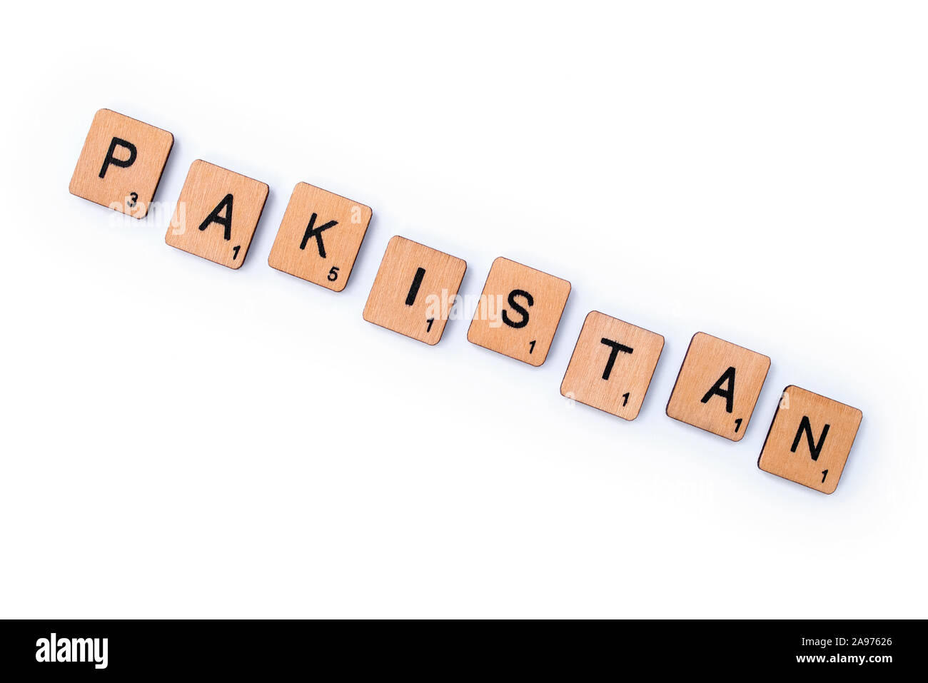London, UK - July 8th 2019: The word PAKISTAN, spelt with wooden letter ...