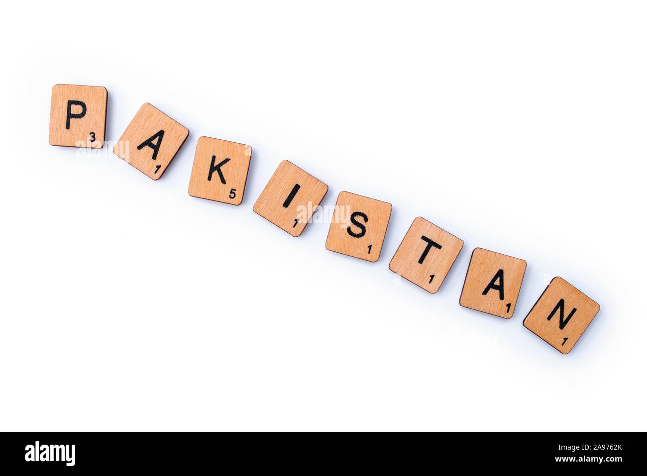 London, UK - July 8th 2019: The word PAKISTAN, spelt with wooden letter ...