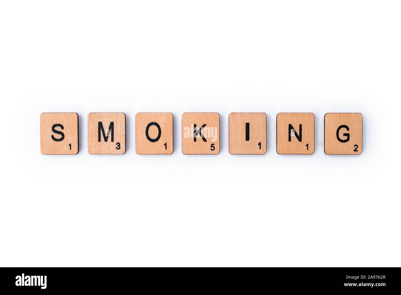 London, UK - July 8th 2019: The word SMOKING, spelt with wooden letter ...