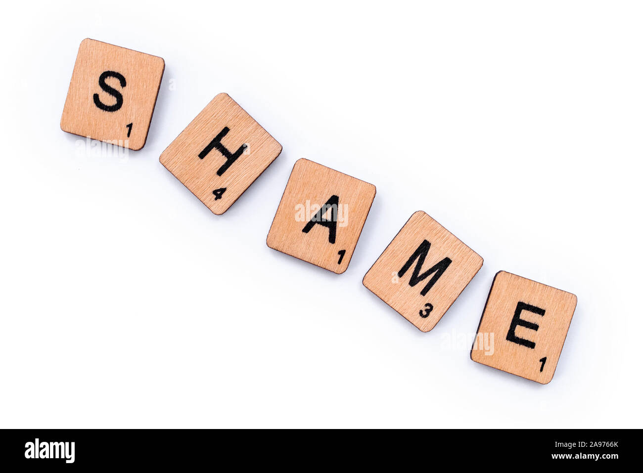 London, UK - July 8th 2019: The word SHAME, spelt with wooden letter ...