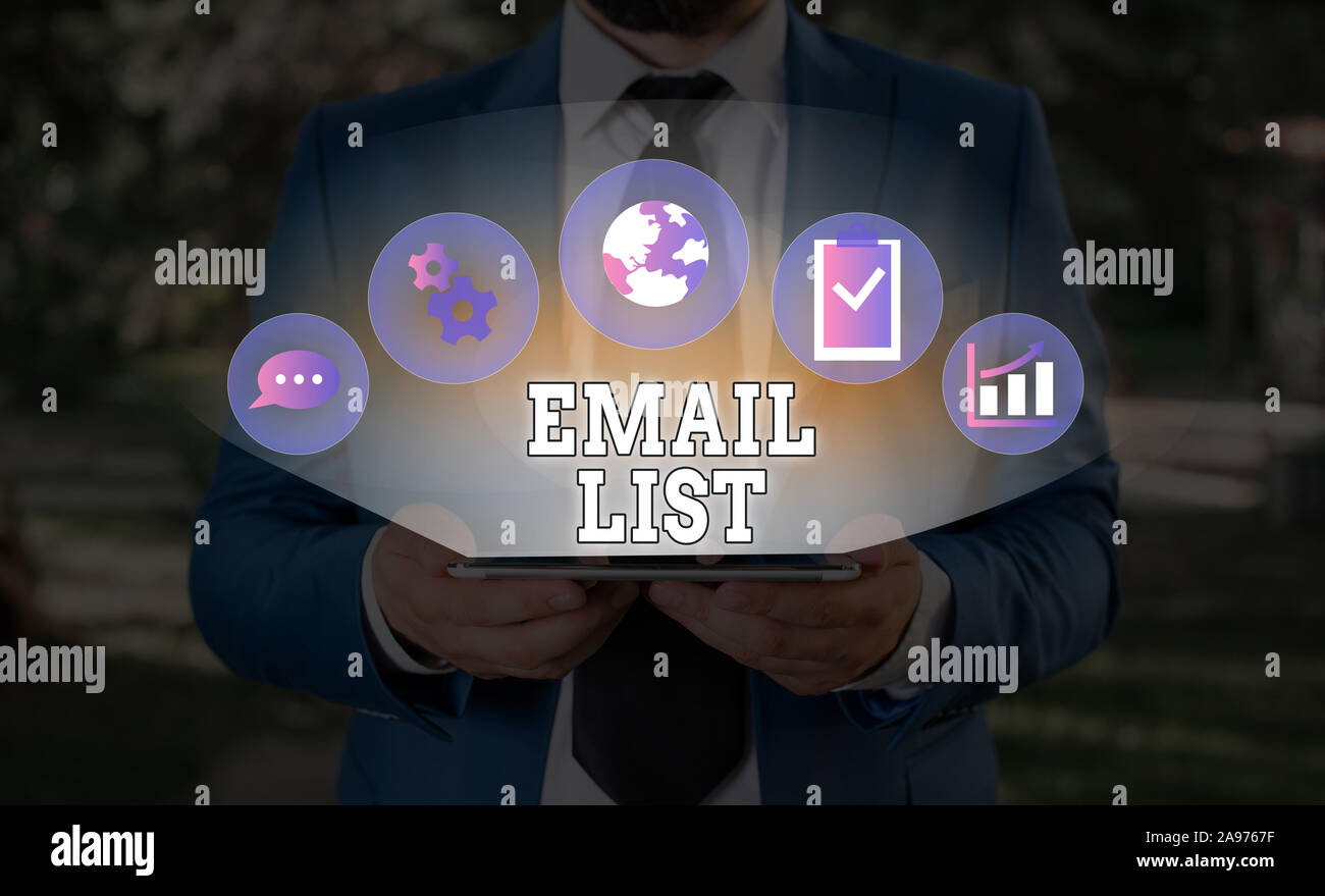 Word writing text Email List. Business photo showcasing widespread ...
