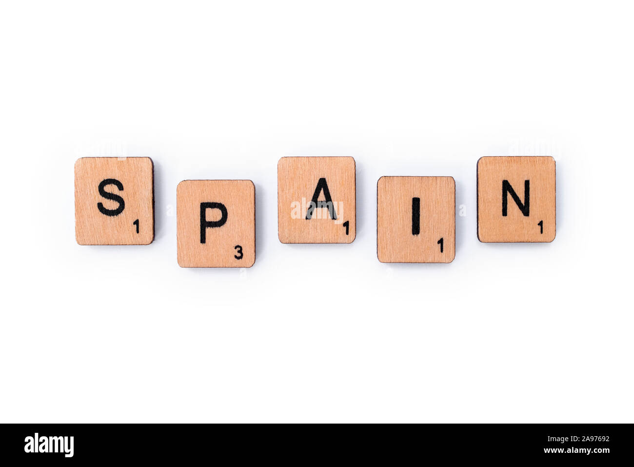 London, UK - July 8th 2019: The word SPAIN, spelt with wooden letter ...
