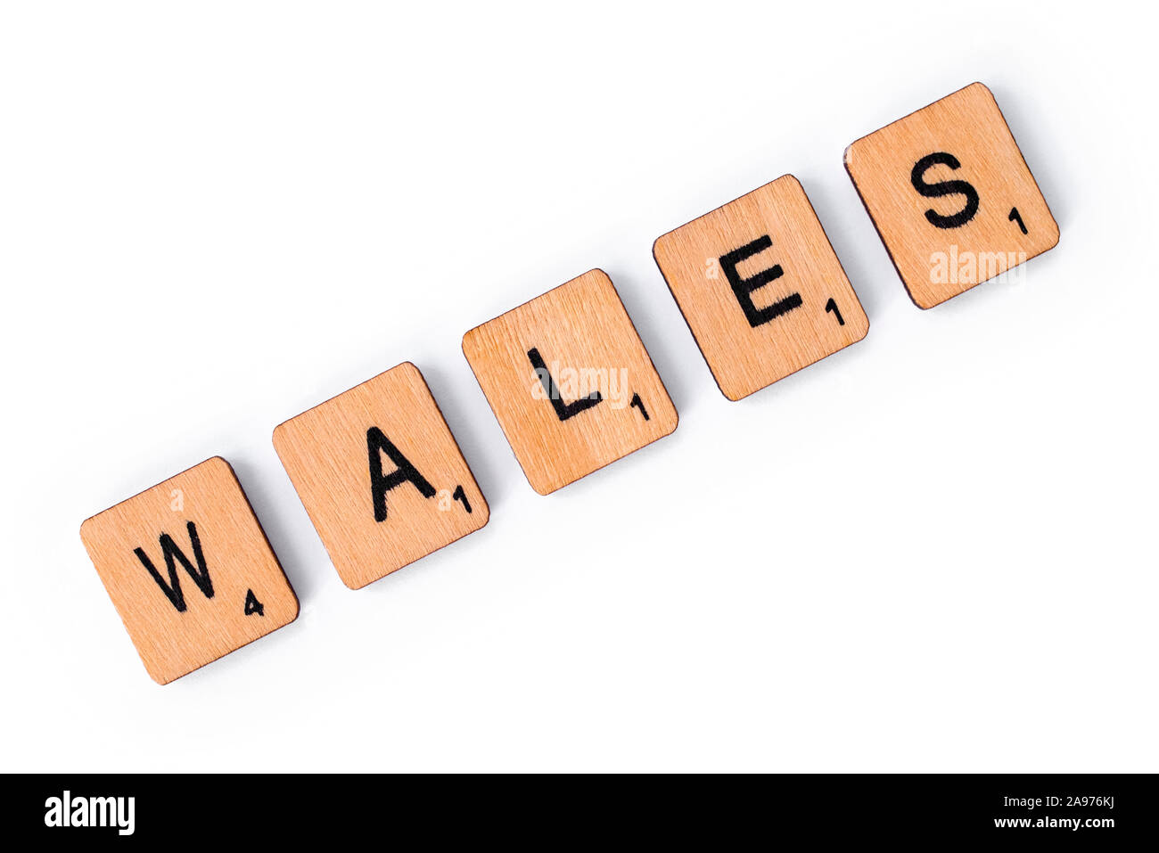 London, UK - July 8th 2019: The word WALES, spelt with wooden letter ...
