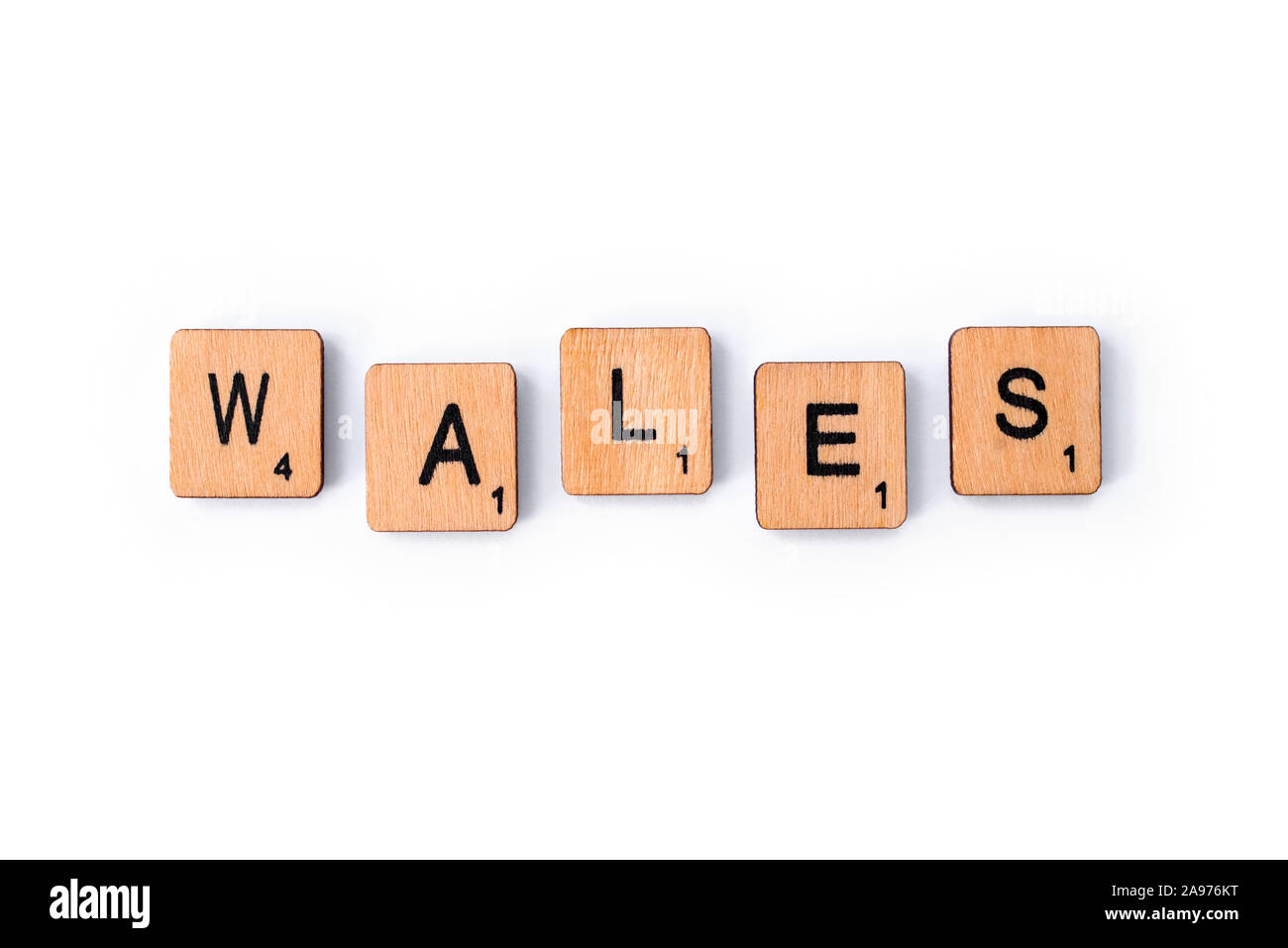 London, UK - July 8th 2019: The word WALES, spelt with wooden letter ...
