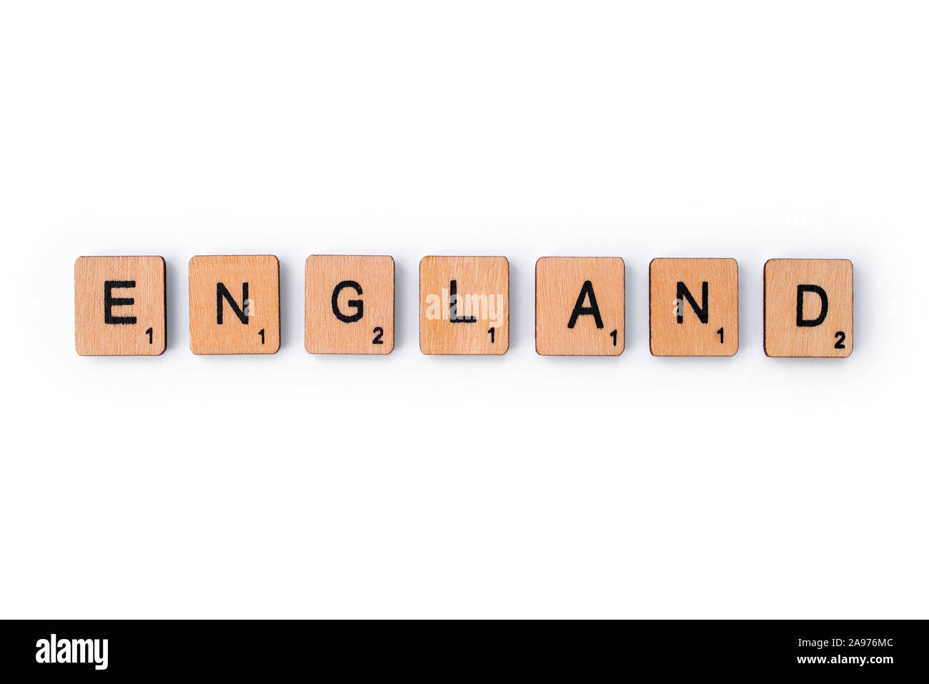 London, UK - July 8th 2019: The word ENGLAND, spelt with wooden letter ...