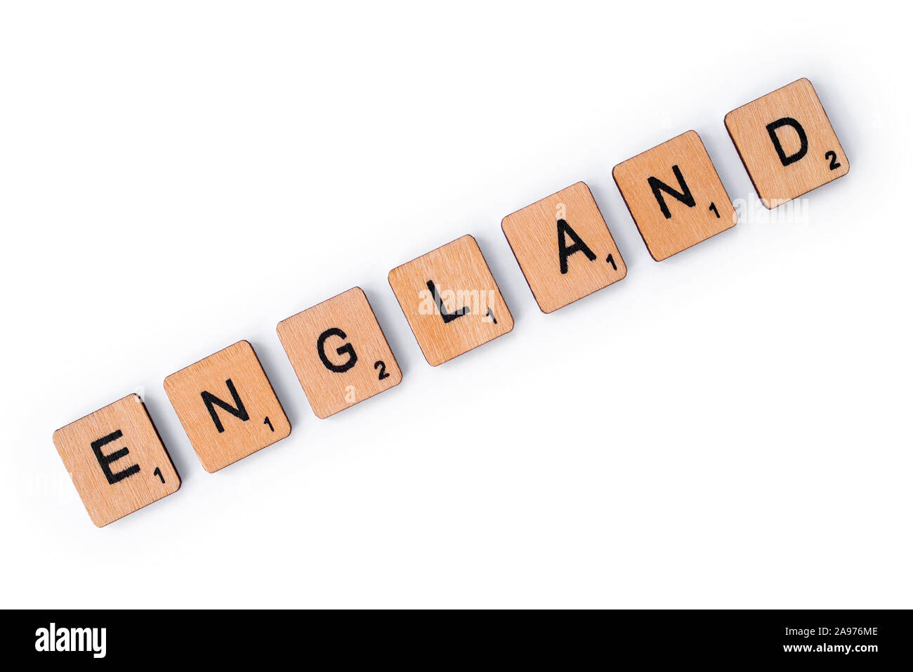 London, UK - July 8th 2019: The word ENGLAND, spelt with wooden letter ...