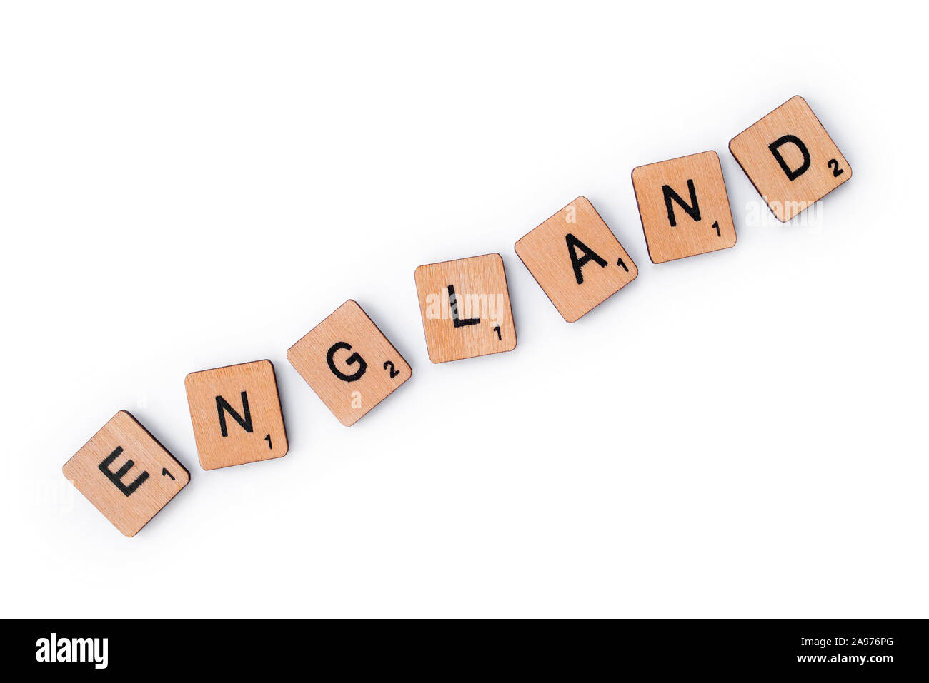 London, UK - July 8th 2019: The word ENGLAND, spelt with wooden letter ...