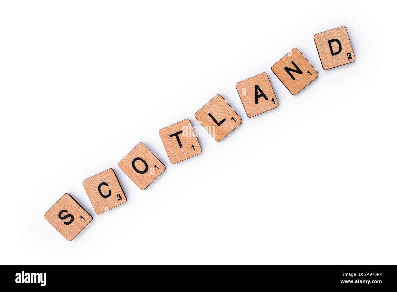 London, UK - July 8th 2019: The word SCOTLAND, spelt with wooden letter ...