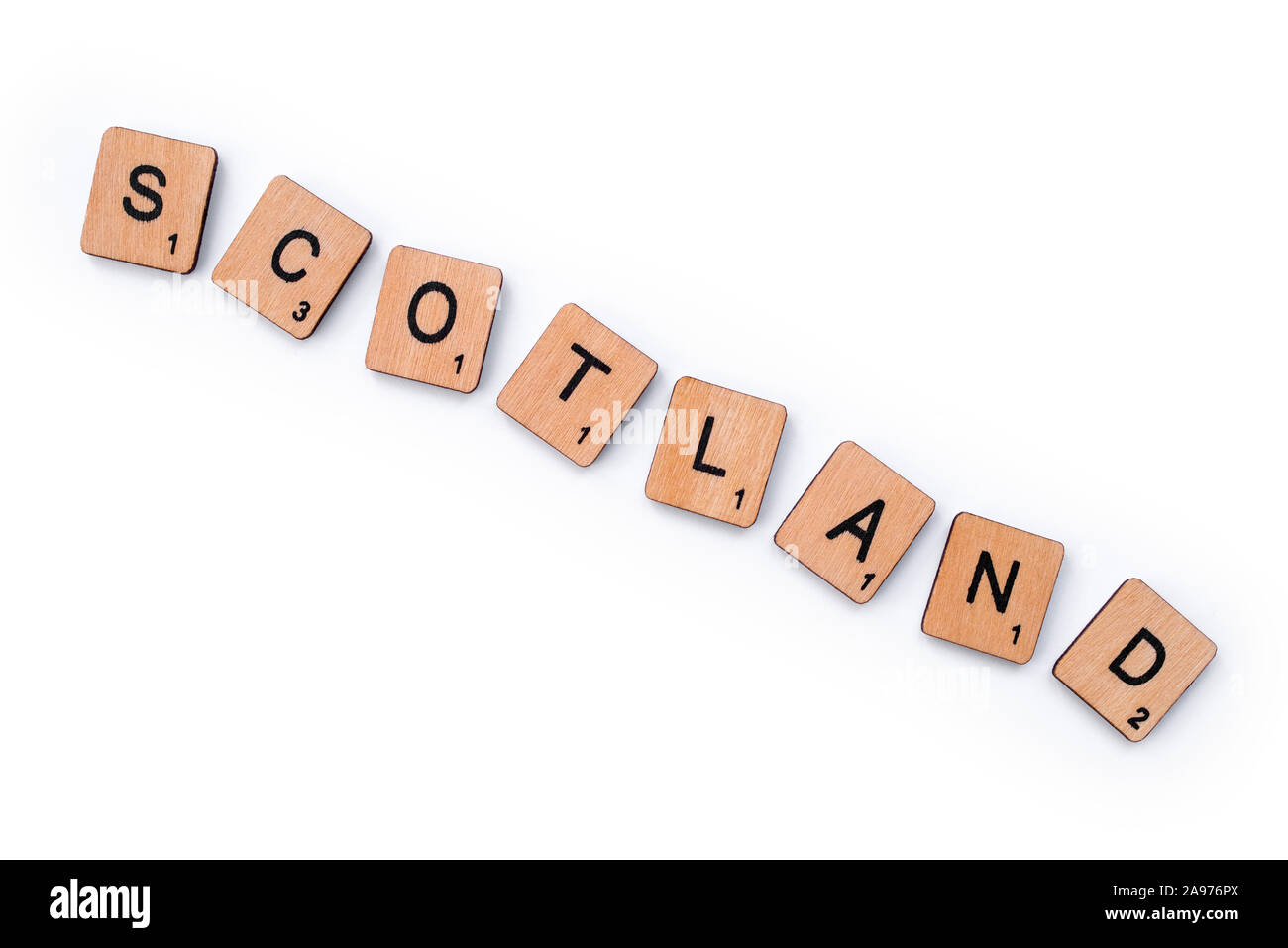 London, UK - July 8th 2019: The word SCOTLAND, spelt with wooden letter ...