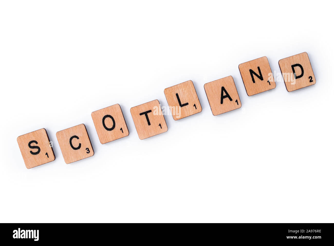 London, UK - July 8th 2019: The word SCOTLAND, spelt with wooden letter ...