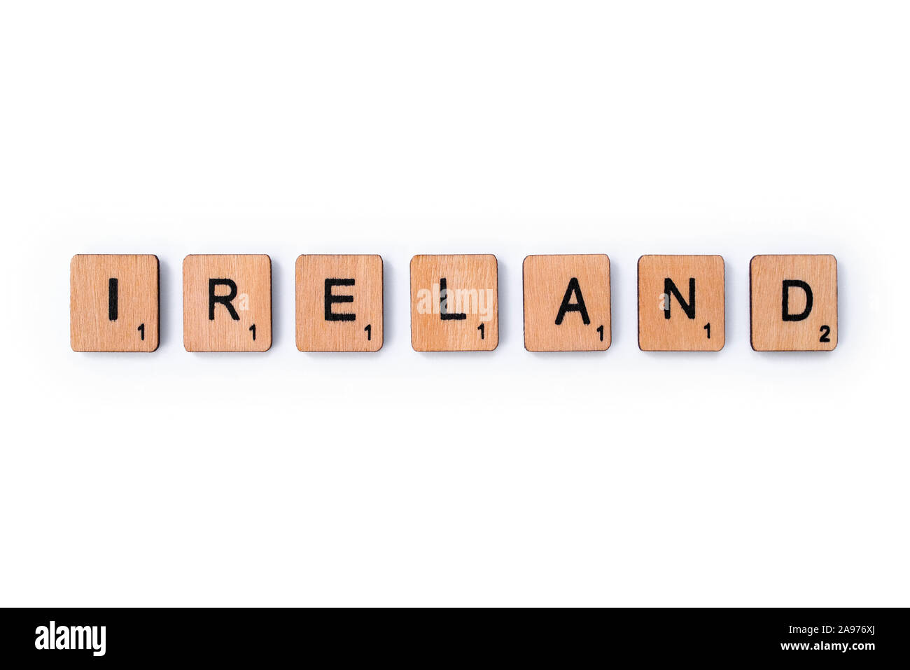 London, UK - July 8th 2019: The word IRELAND, spelt with wooden letter ...
