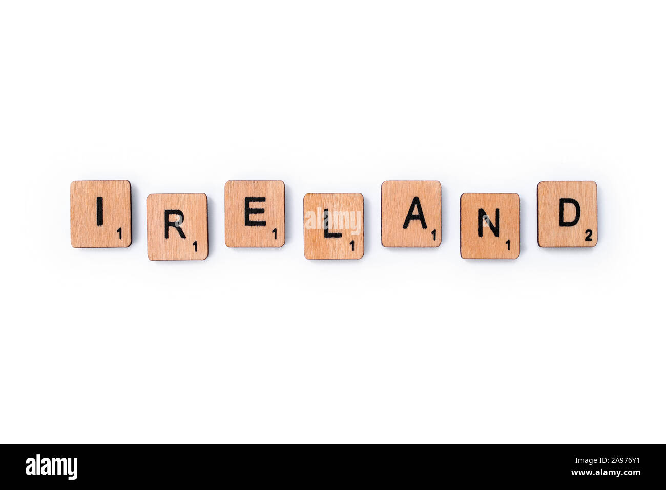 London, UK - July 8th 2019: The word IRELAND, spelt with wooden letter ...