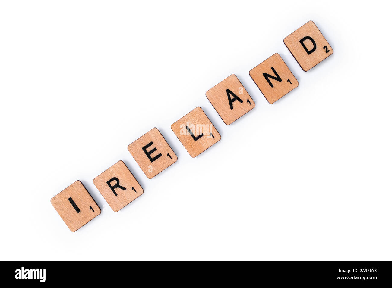 London, UK - July 8th 2019: The word IRELAND, spelt with wooden letter ...