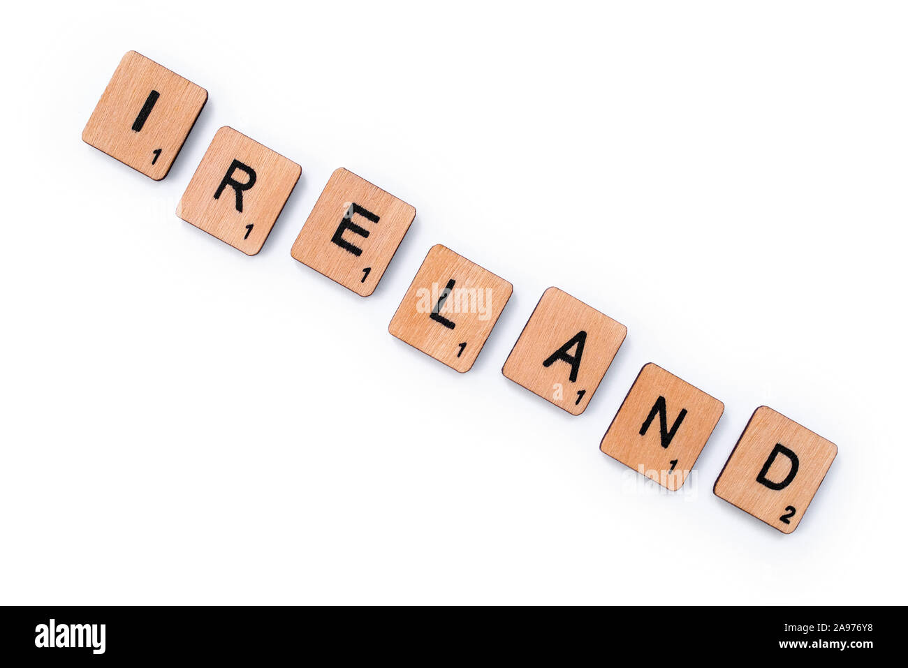London, UK - July 8th 2019: The word IRELAND, spelt with wooden letter ...