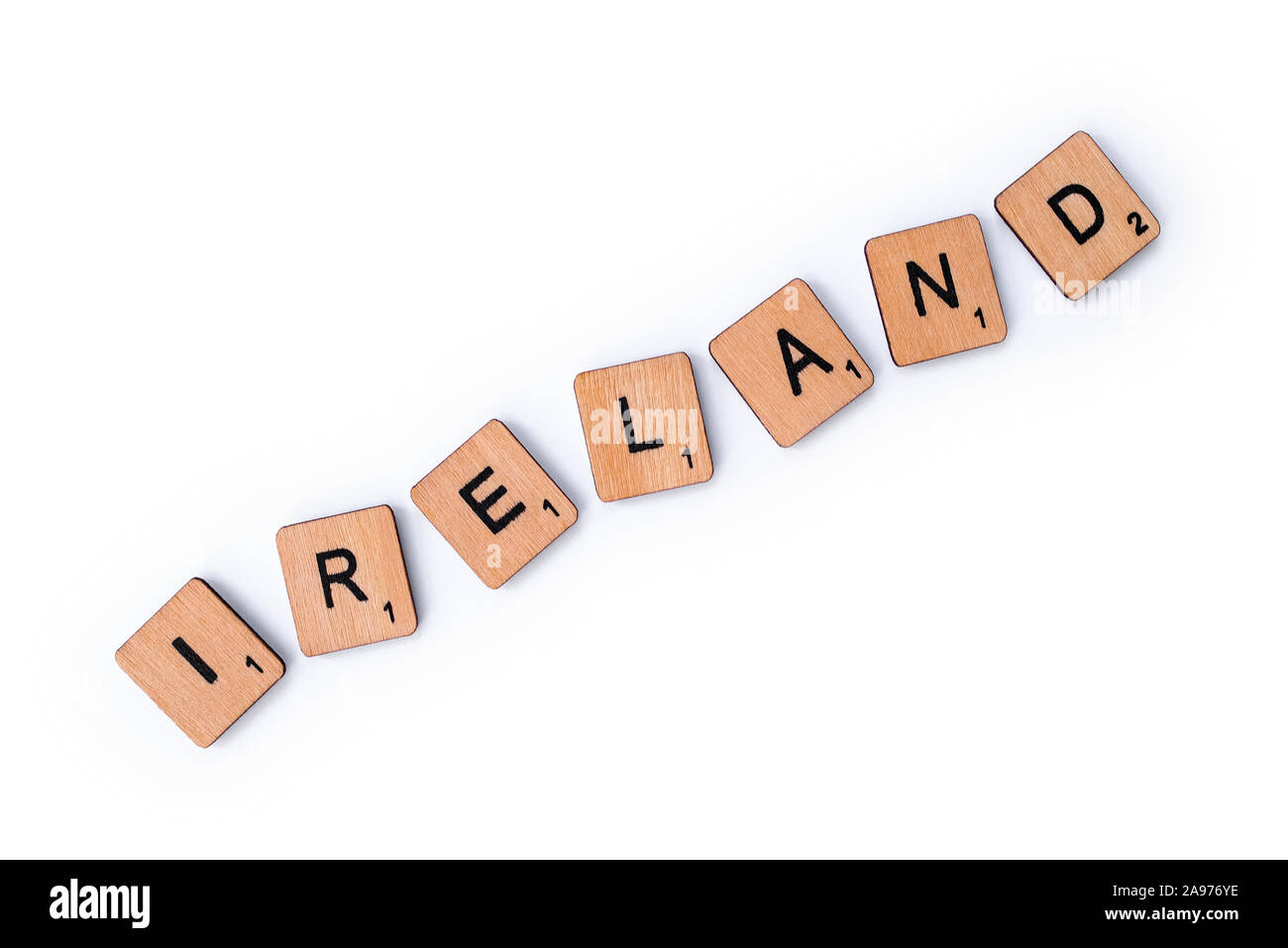 London, UK - July 8th 2019: The word IRELAND, spelt with wooden letter ...