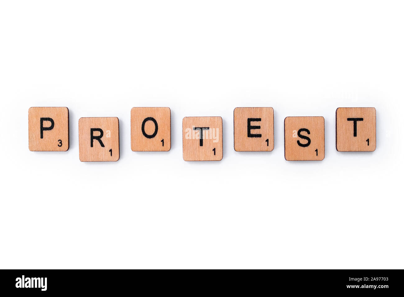 London, UK - July 8th 2019: The word PROTEST, spelt with wooden letter ...