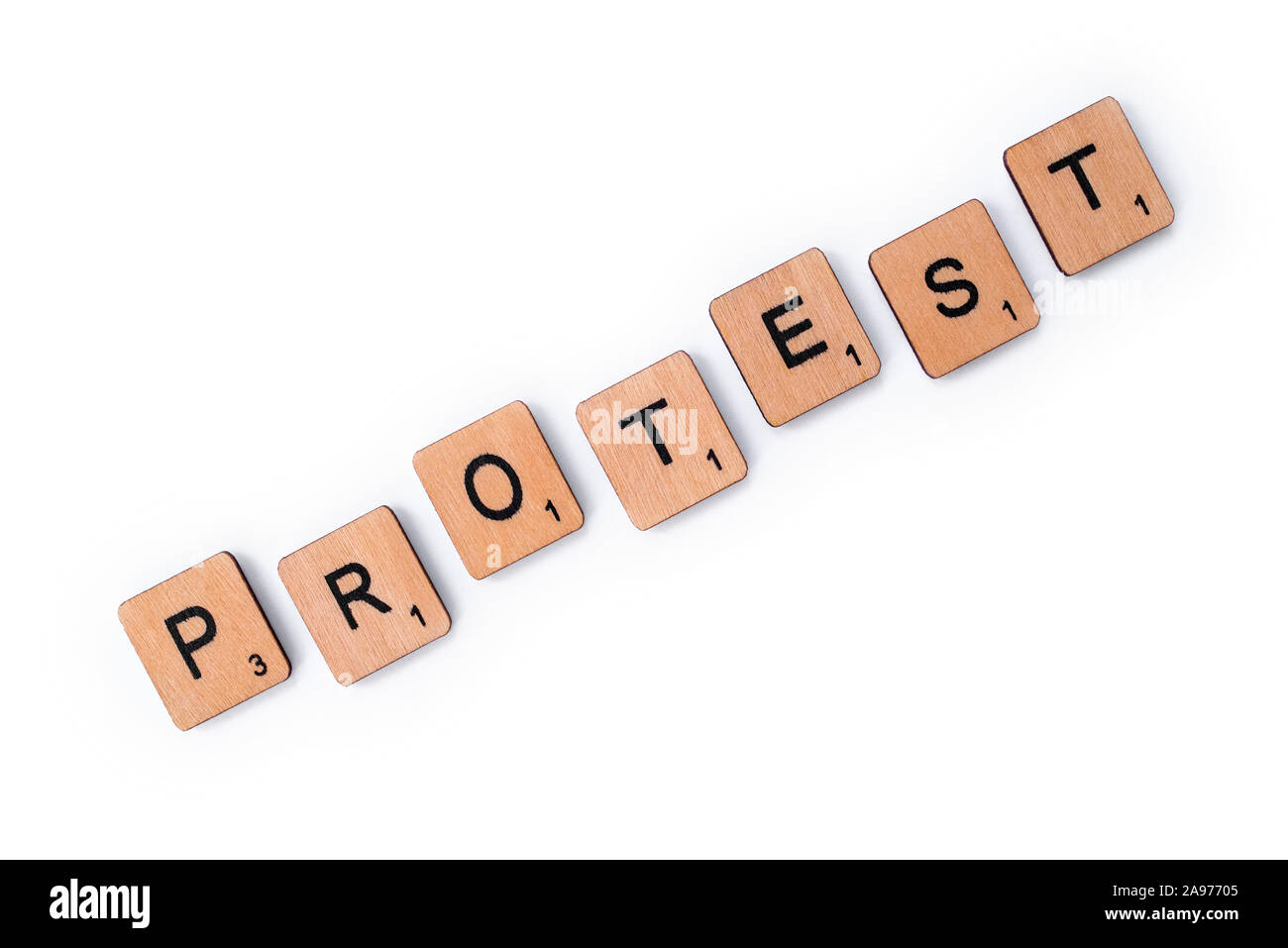 London, UK - July 8th 2019: The word PROTEST, spelt with wooden letter ...