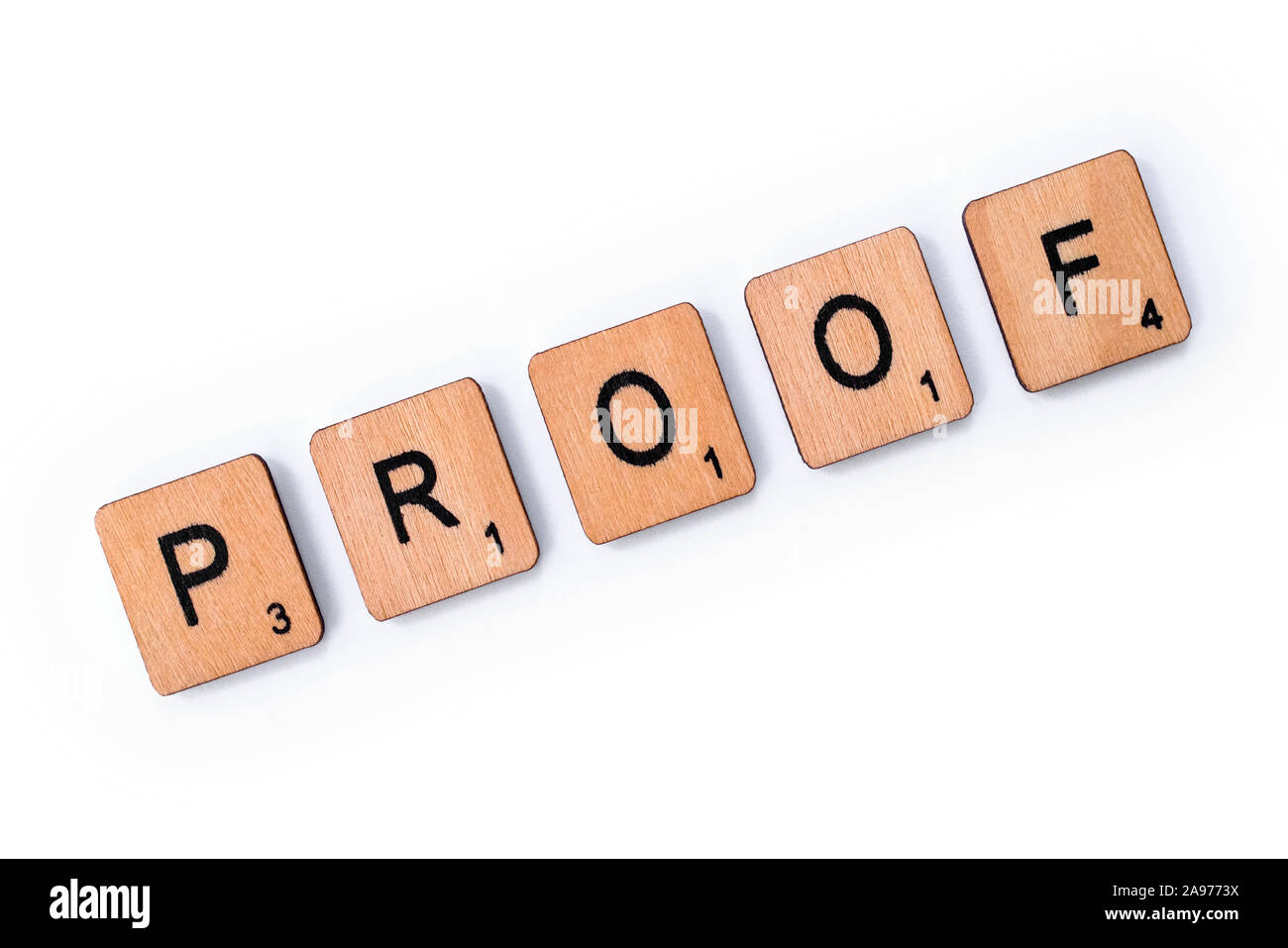 London, UK - July 8th 2019: The word PROOF, spelt with wooden letter ...