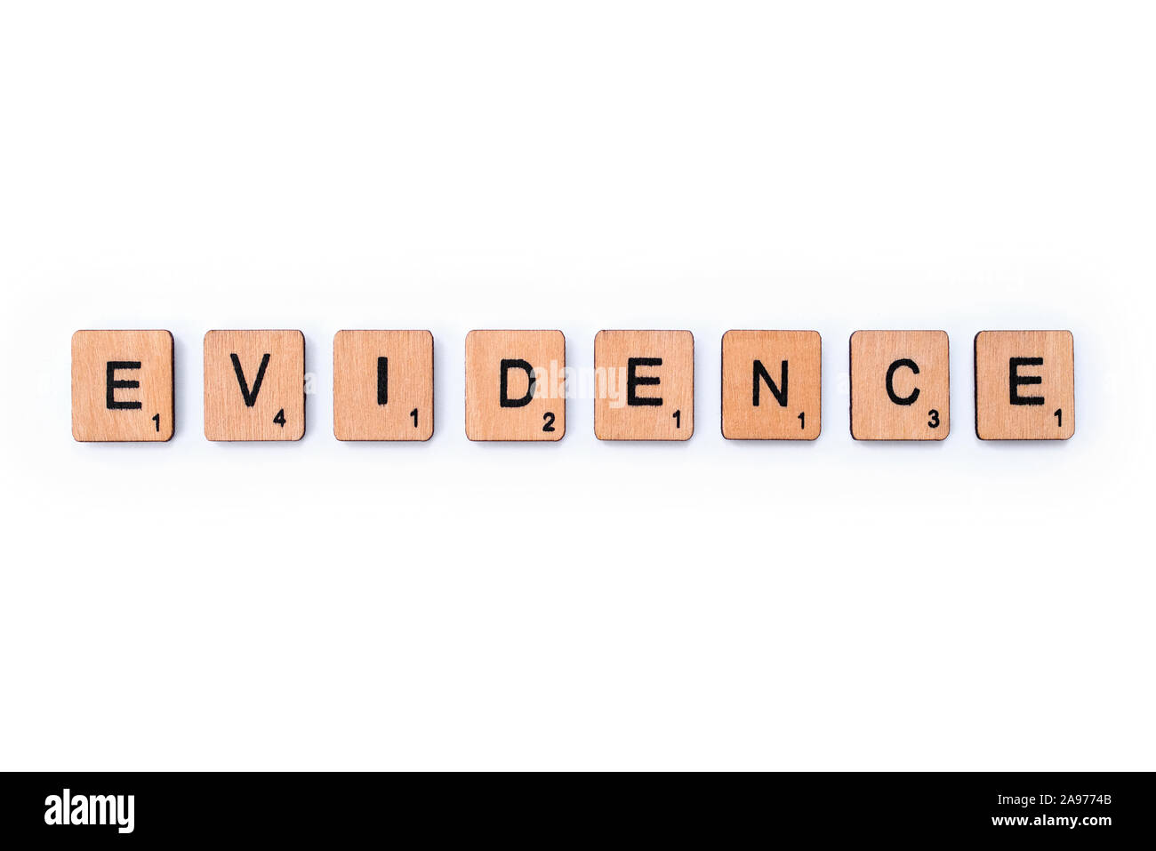 London, UK - July 8th 2019: The word EVIDENCE, spelt with wooden letter ...