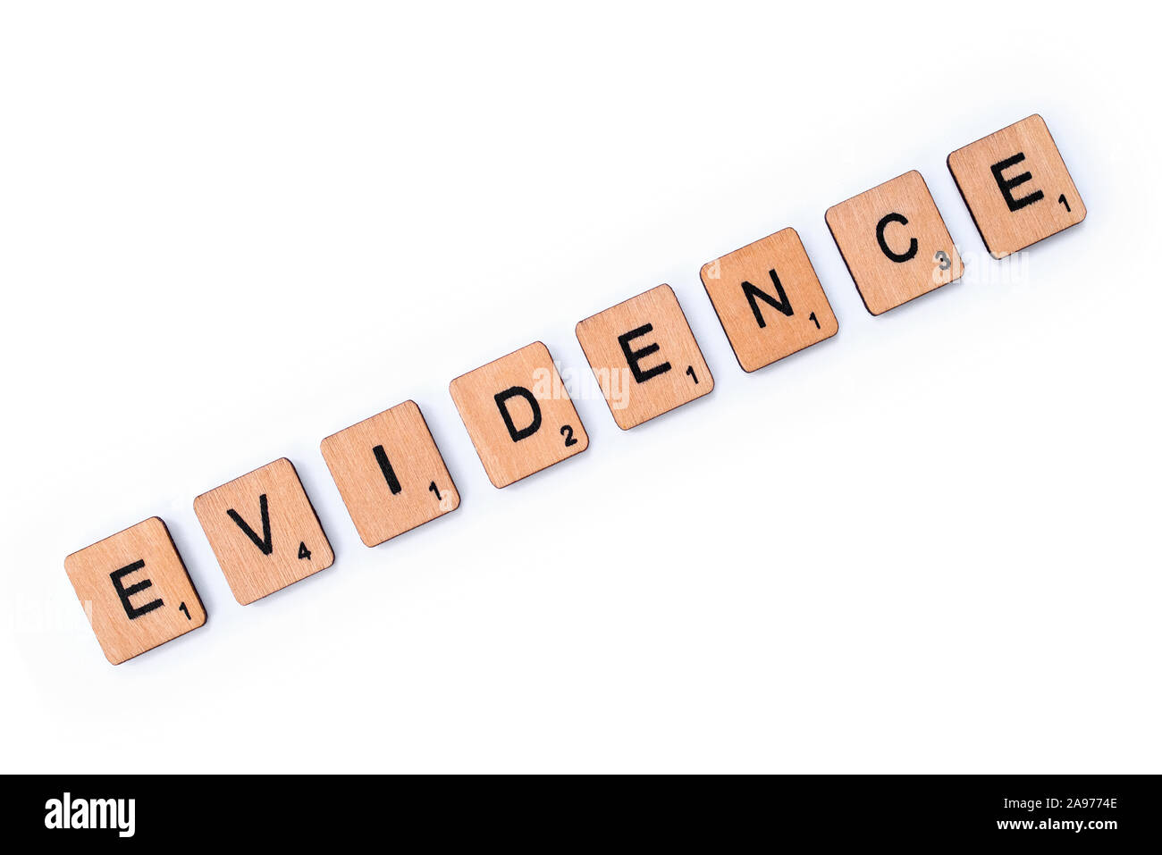 London, UK - July 8th 2019: The word EVIDENCE, spelt with wooden letter ...