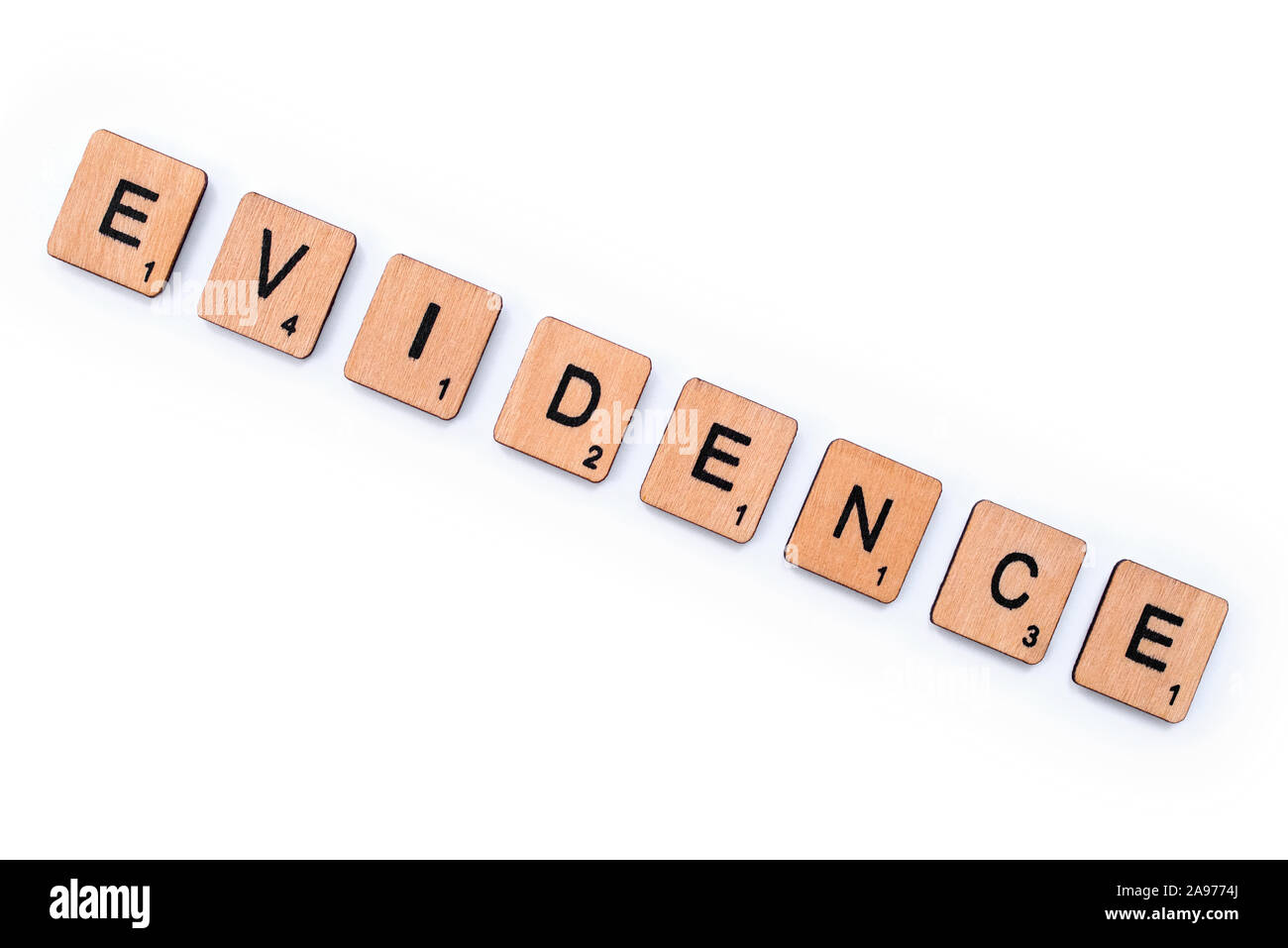 London, UK - July 8th 2019: The word EVIDENCE, spelt with wooden letter ...