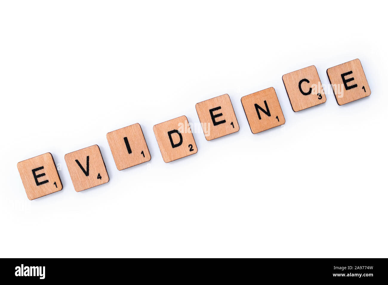 London, UK - July 8th 2019: The word EVIDENCE, spelt with wooden letter ...