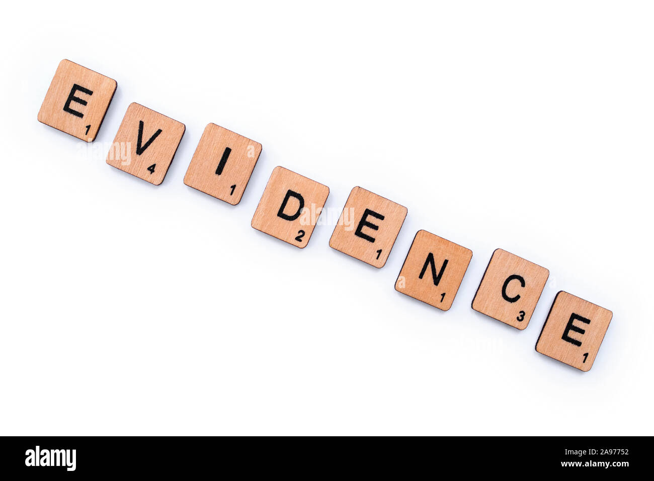 London, UK - July 8th 2019: The word EVIDENCE, spelt with wooden letter ...