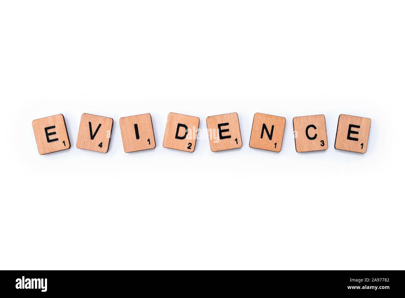 London, UK - July 8th 2019: The word EVIDENCE, spelt with wooden letter ...