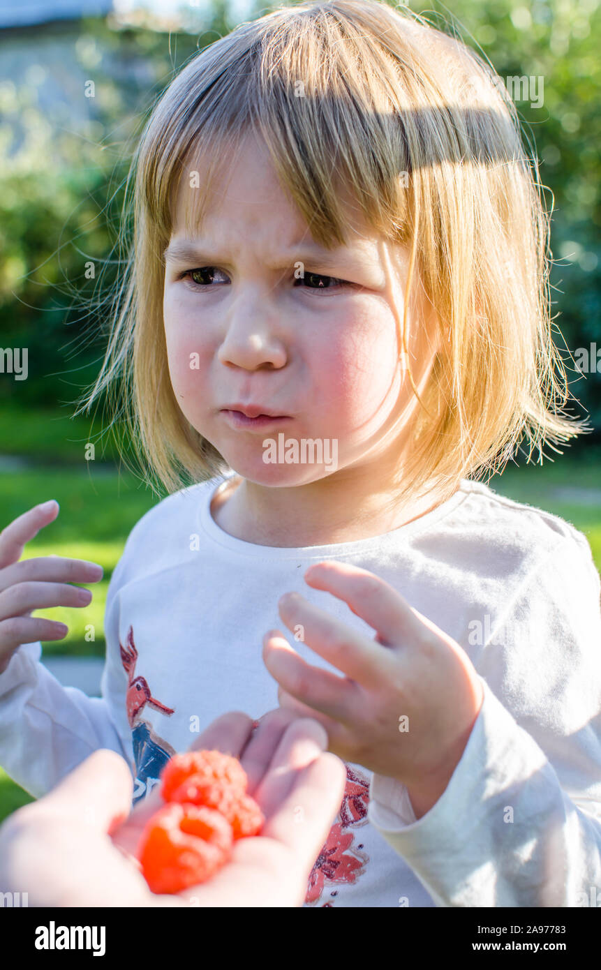 Little cute girl eats summer raspberries and winces Stock Photo - Alamy